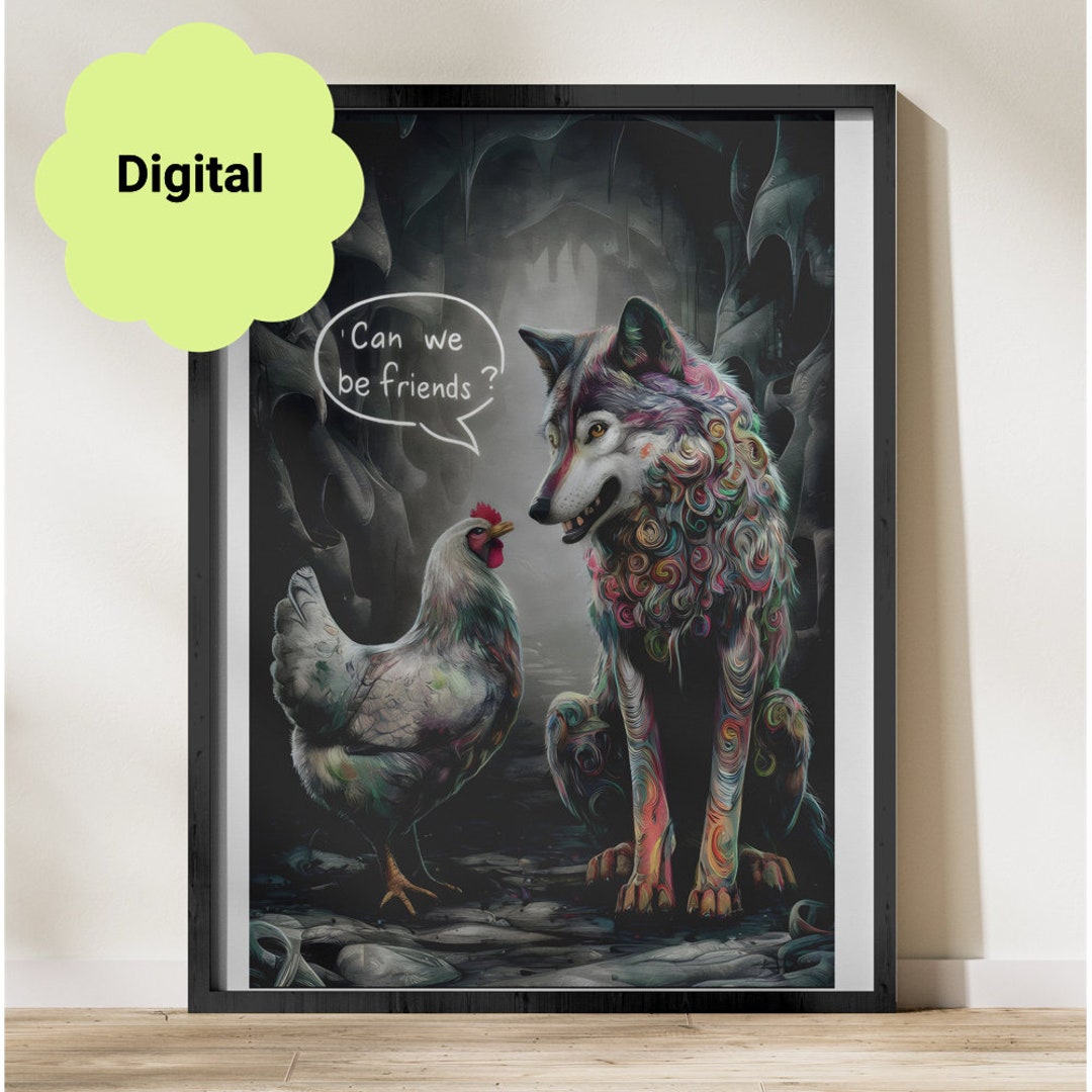 Colorful Wolf and Chicken Art Print, Whimsical Forest Friends Digital ...