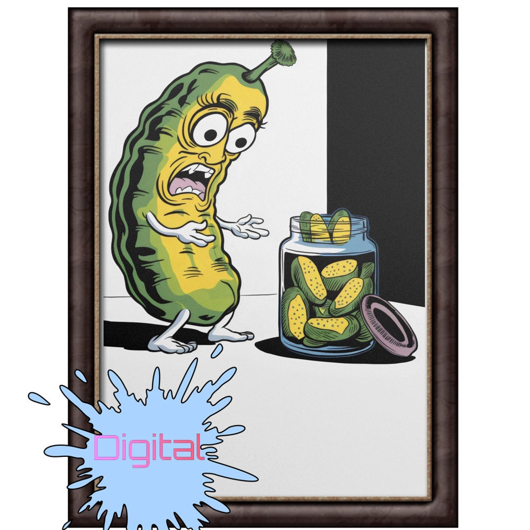 Cartoon Pickle Running From Jar Digital Wall Art, Quirky Kitchen Decor ...