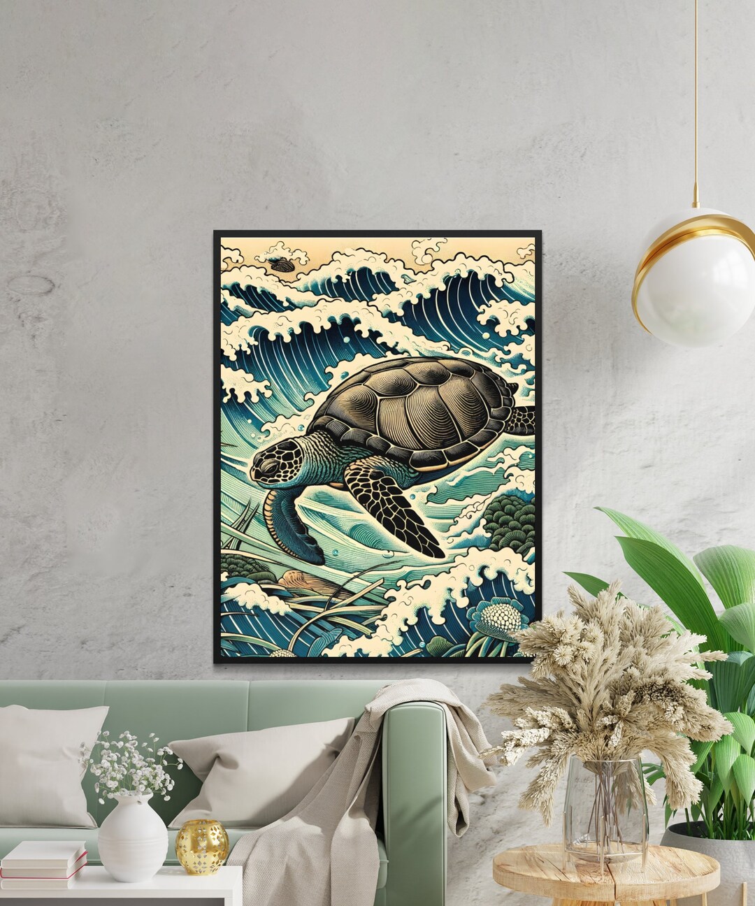 Traditional Japanese Turtle Art, Ocean Waves Woodblock Print, Instant ...