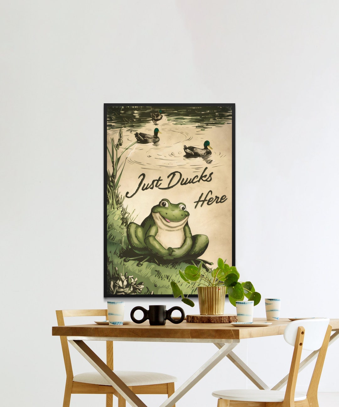 Vintage Style Frog and Ducks Wall Art, Nature Illustration, Retro ...
