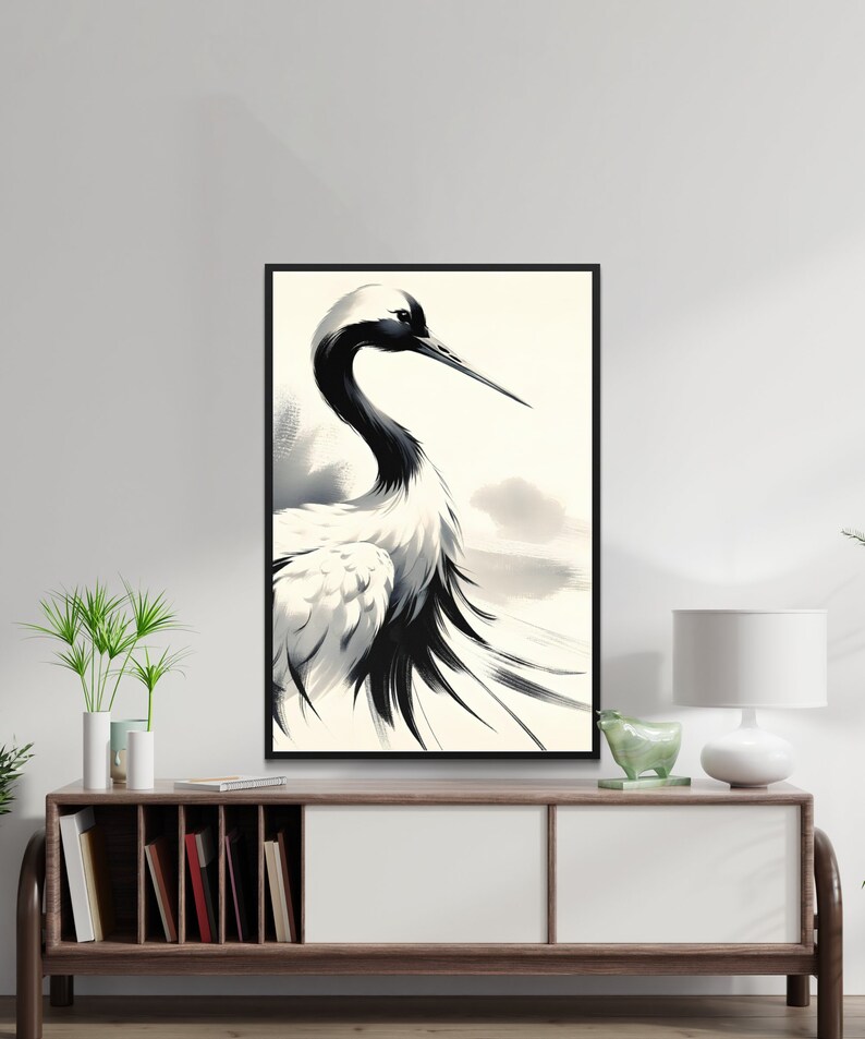 Japanese Crane Art, Digital Download, Traditional Japandi Ink Drawing ...