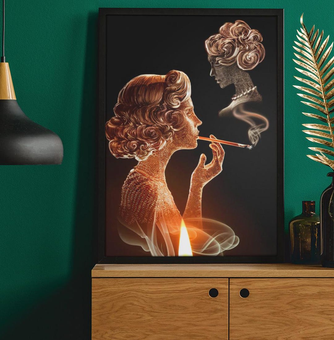 Vintage Decadent Lady Candle Smoke Illusion Digital Art, Unique Wall ...