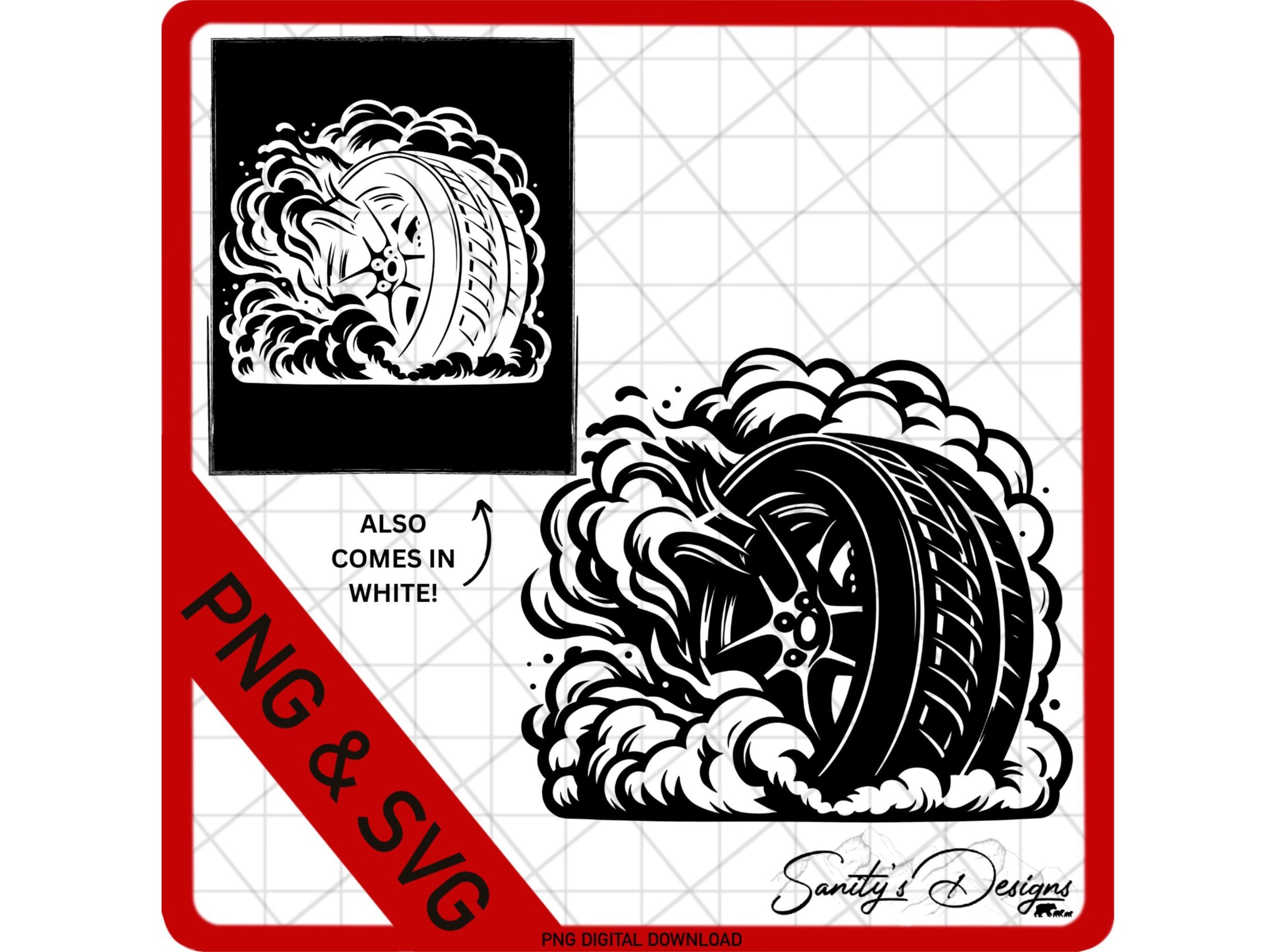 Tire Burnout, White, Black, Instant Download, SVG, PNG Digital Download ...