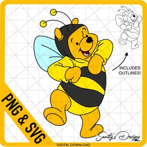Pooh Bear Bee, Layered SVG, Cute, Costume Svg, Coloured Png, Outline ...