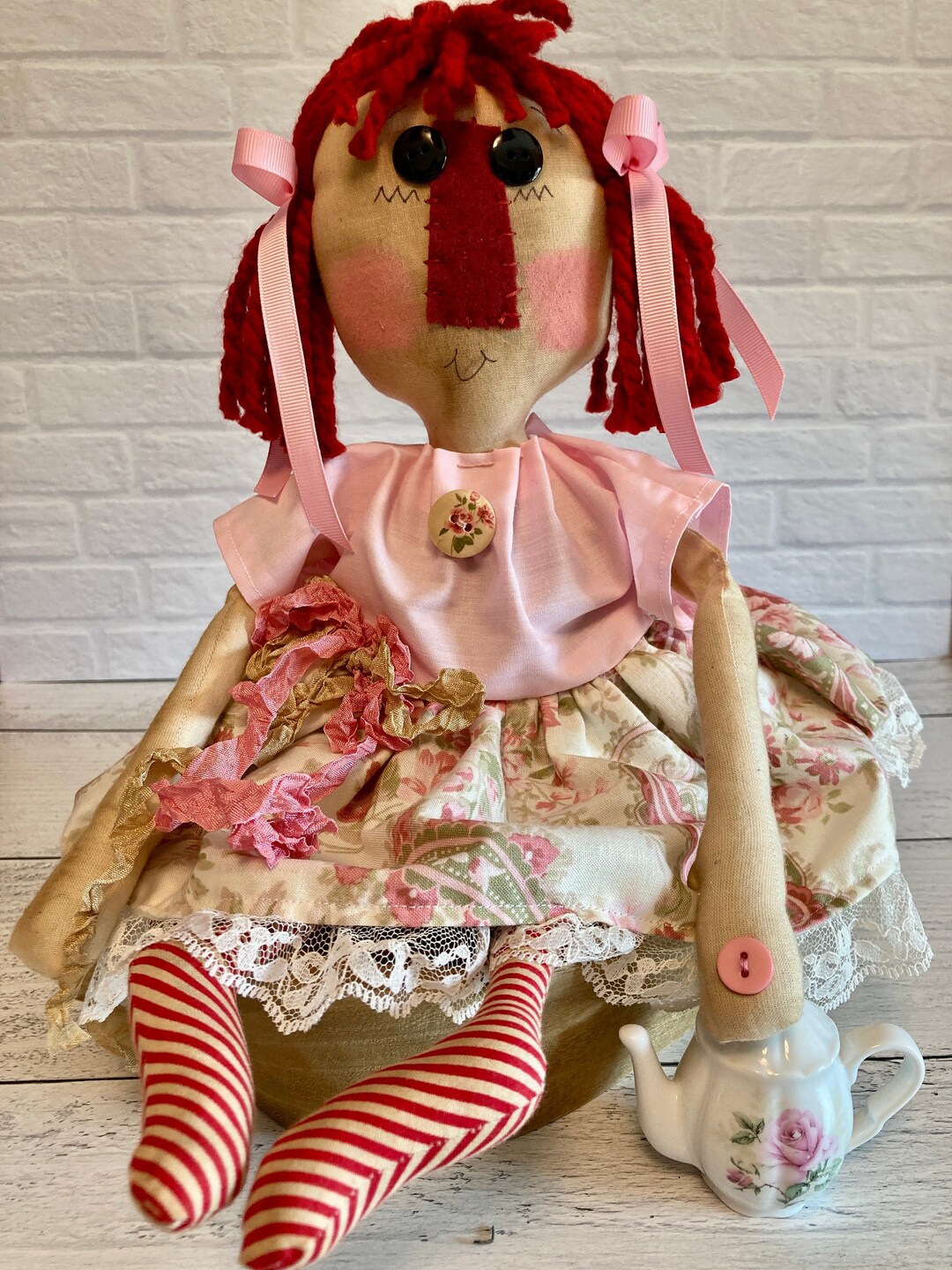 Tea Time Annie Rag Doll 18 Handmade Stuffed Doll Primitive Raggedy Ann ...