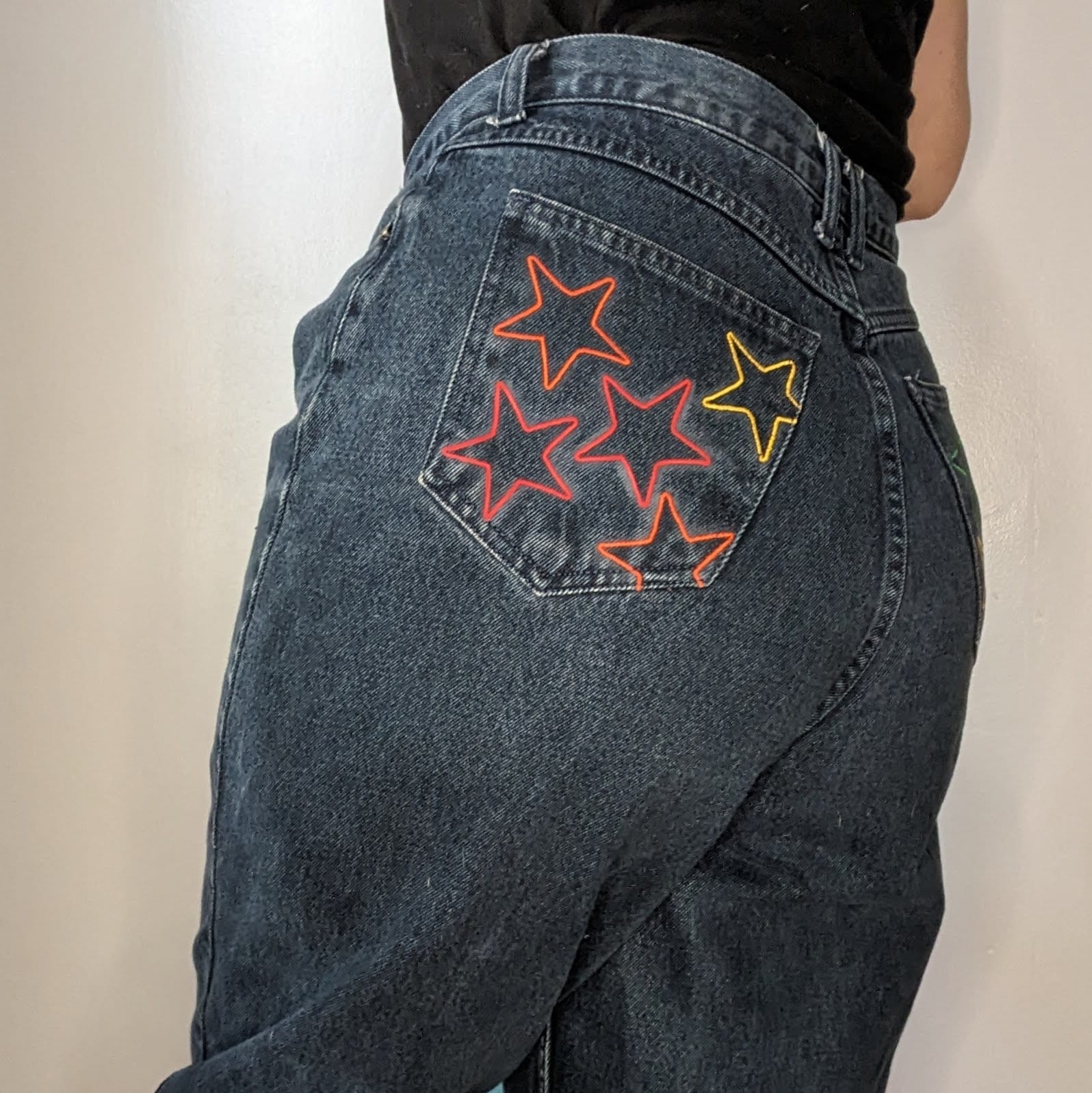 Reworked Embroidered Rainbow Star Pocket Jeans - Etsy