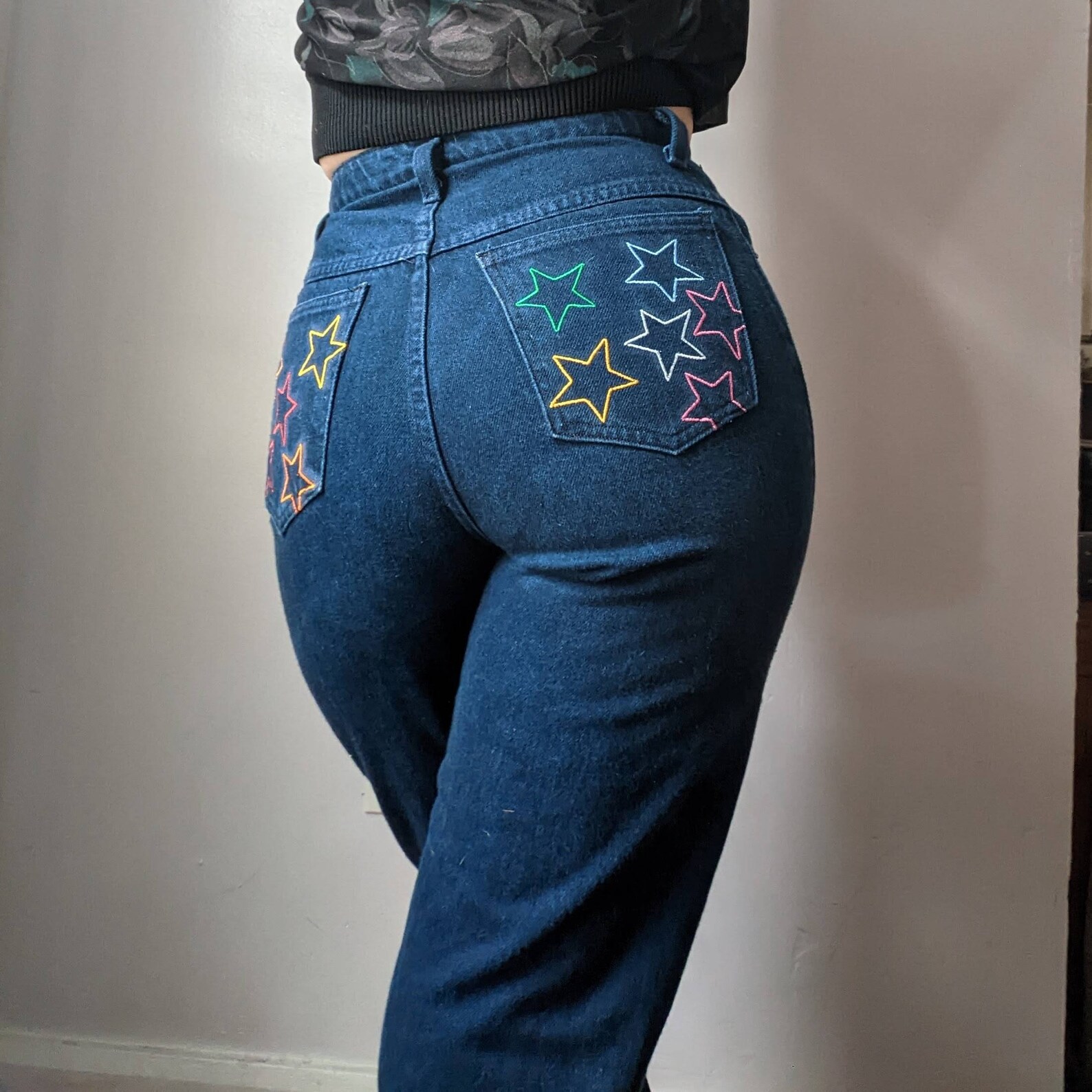 Reworked Embroidered Rainbow Star Pocket Jeans - Etsy
