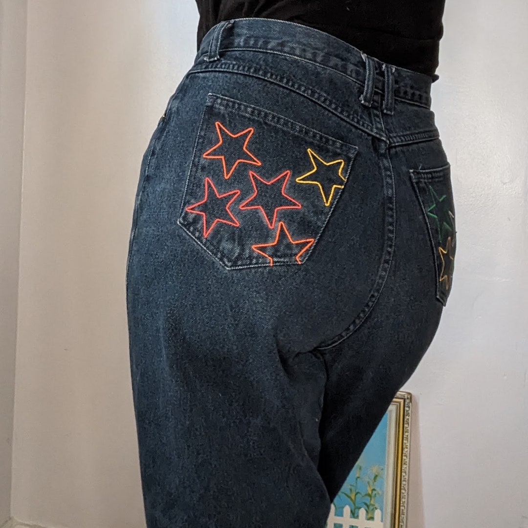 Reworked Embroidered Rainbow Star Pocket Jeans - Etsy
