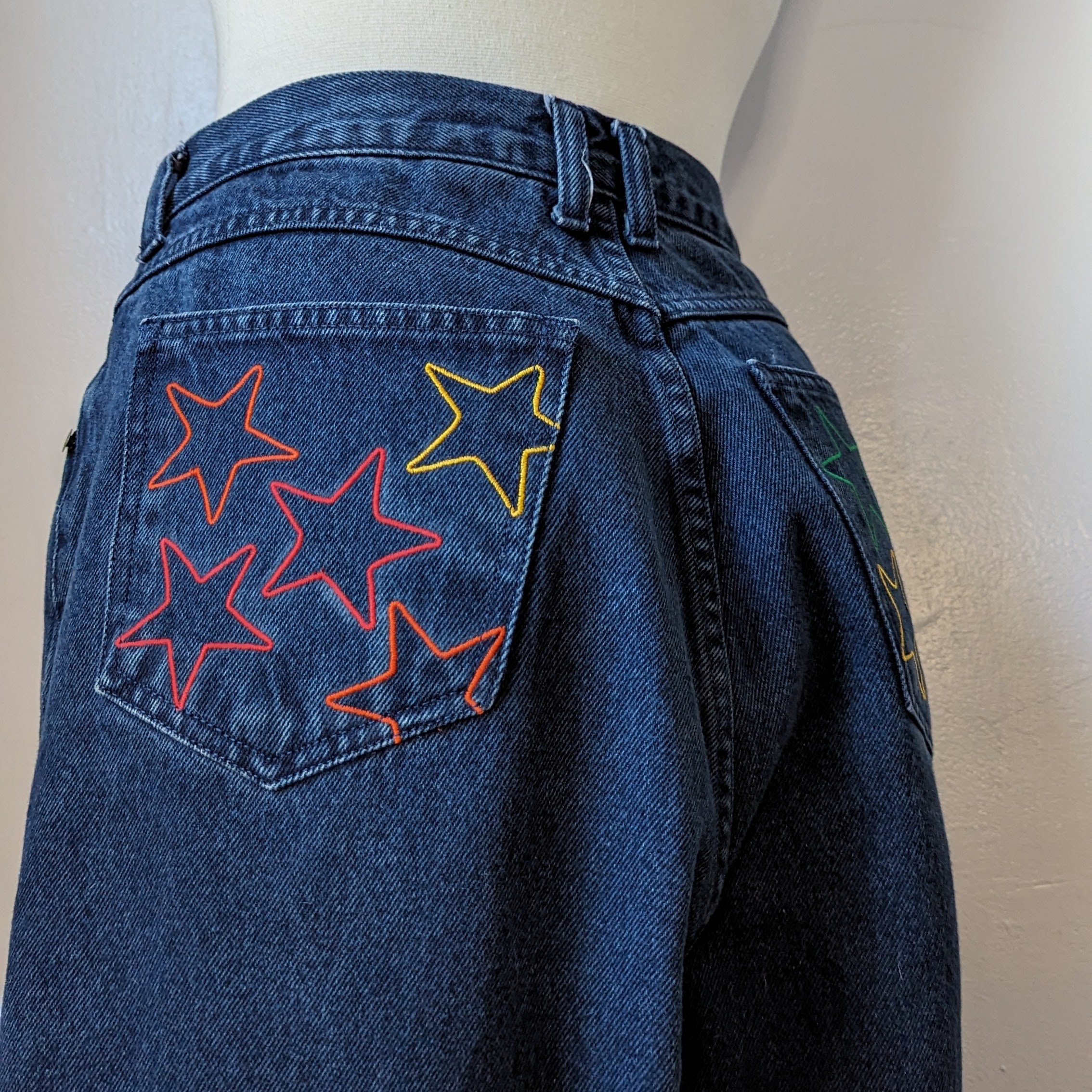 Reworked Embroidered Rainbow Star Pocket Jeans - Etsy