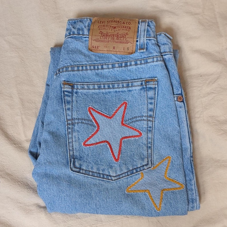 Patchwork Star Jeans- Light Wash Levi's With Handmade Star Patches - Etsy