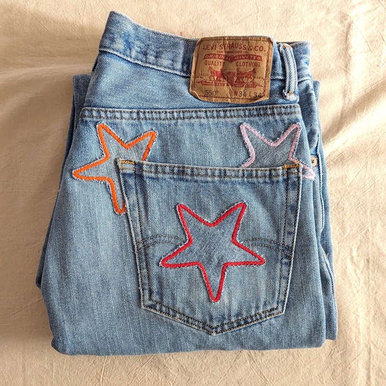 Patchwork Star Jeans Light Wash Levi's With Handmade Star Patches - Etsy