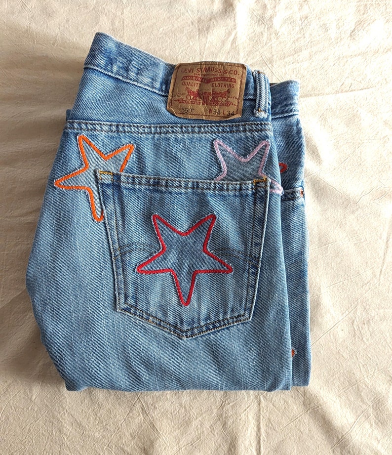 Patchwork Star Jeans Light Wash Levi's With Handmade Star Patches - Etsy