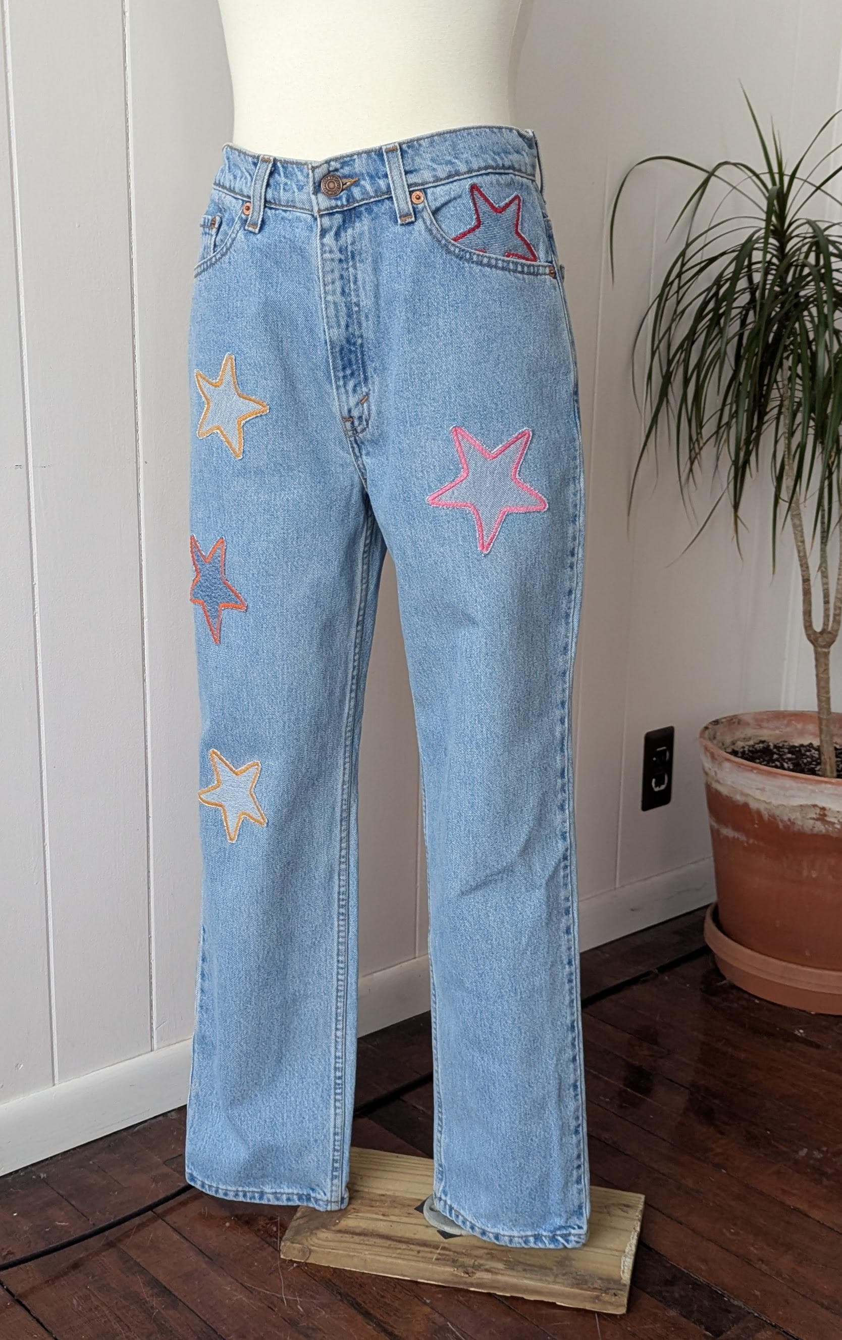 Patchwork Star Jeans- Light Wash Levi's With Handmade Star Patches - Etsy