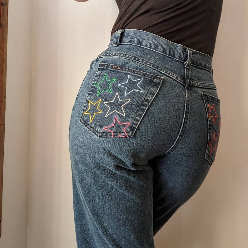 Original Reworked Embroidered Rainbow Star Jeans - Etsy