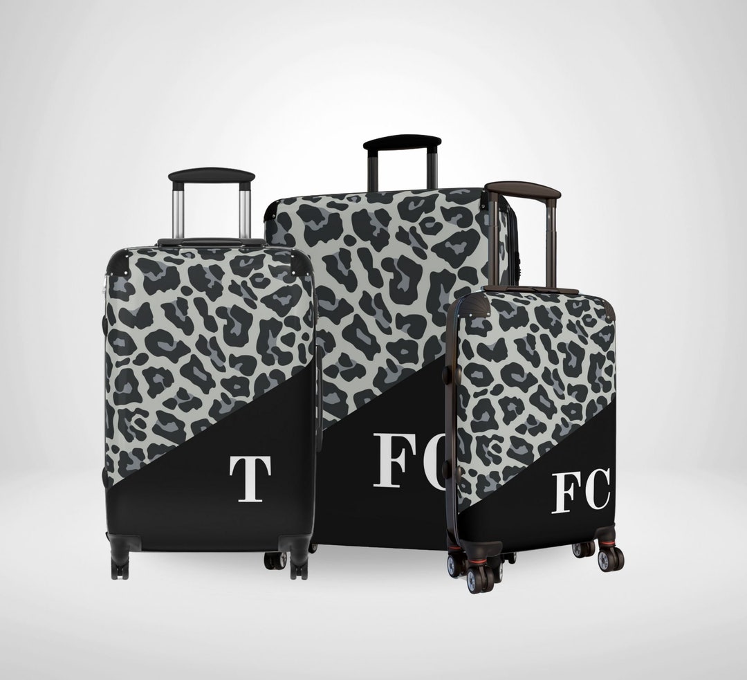 Personalised Black Grey Leopard Print Suitcase With Custom Initials ...