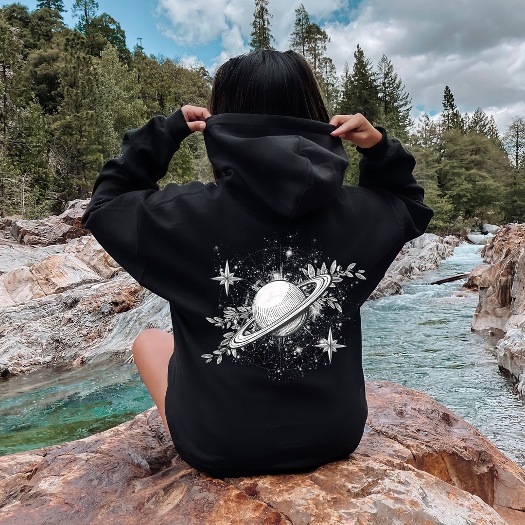 Black and White Weirdcore Celestial Oversized Back Print Hoodie, Floral ...