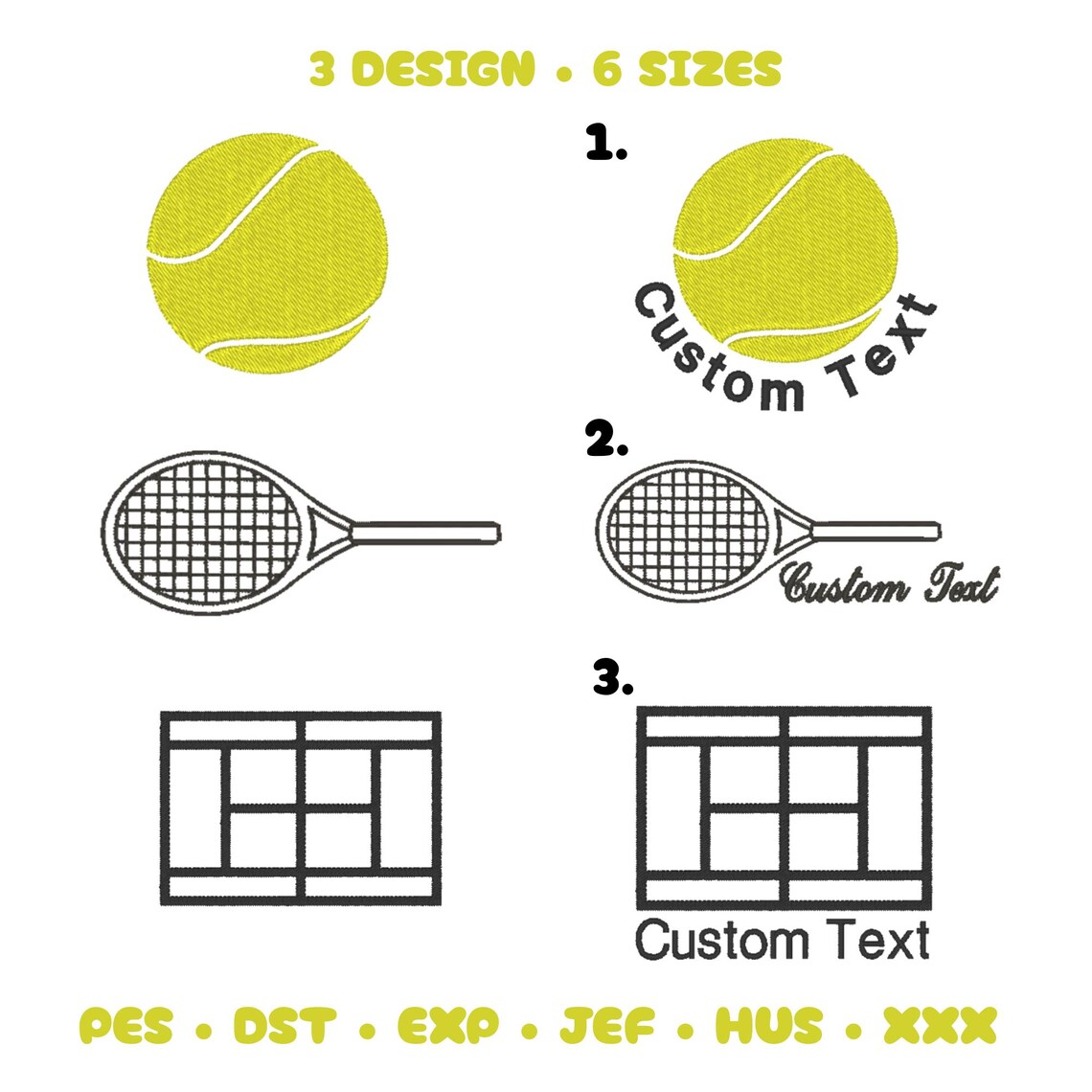 Tennis Embroidery Designs – Custom Text Option, Tennis Ball, Racket ...