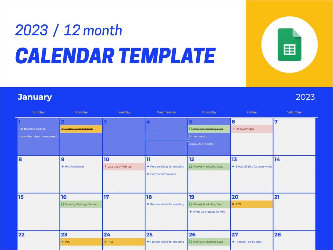 2023 Calendar Template Google Sheets Vibrant Blue Theme Etsy