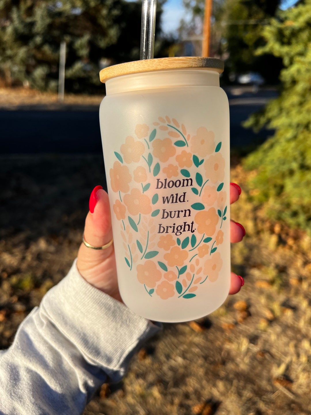 Flower Bloom Frosted Libby Glass, Orange Flower Tumbler, Flower Libby ...