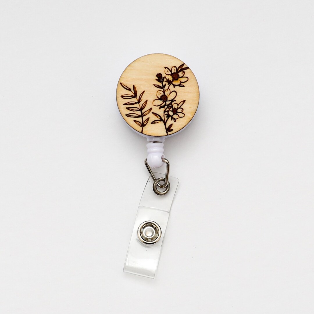 Stamped Flowers Wood Badge, Floral Design, Custom Badge Reel ...