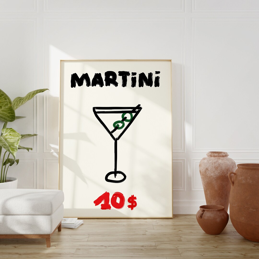 Martini Bar Sign Poster Art Print, Cocktail Illustration Printable Wall ...