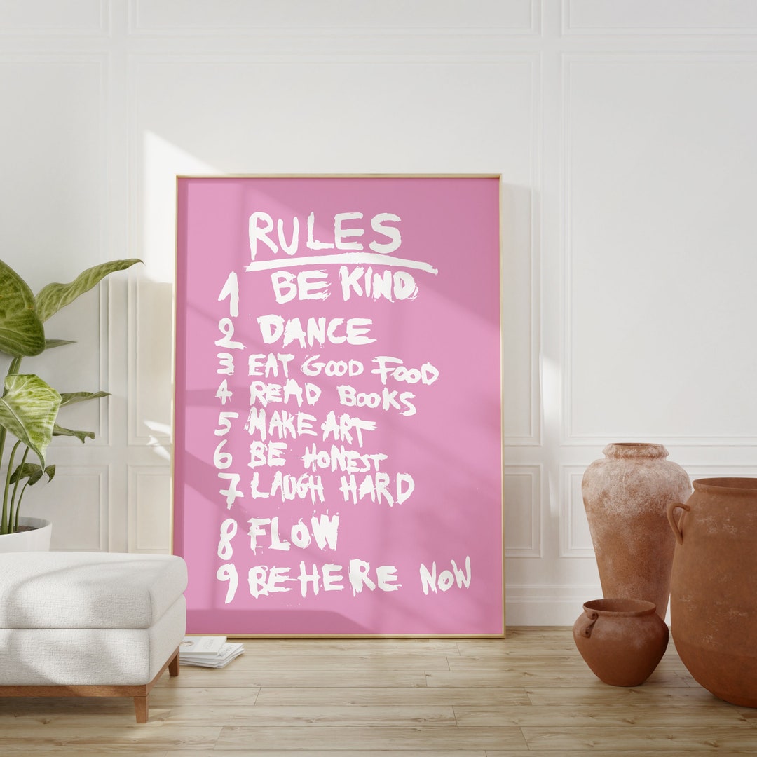 Retro Wall Art, Rules Pink White Art Print, Retro Quote Print, Trendy ...