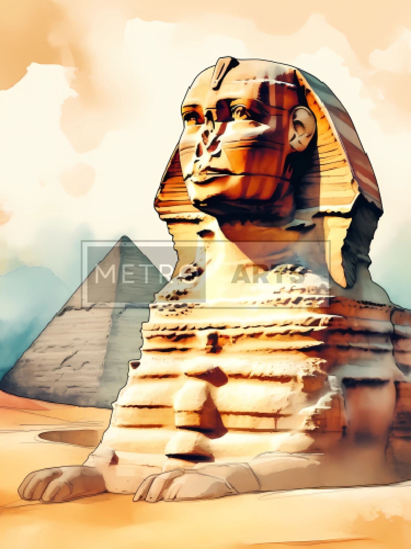 Stunning Egypt's Great Sphinx Watercolor Paint Wall Art Ancient African ...