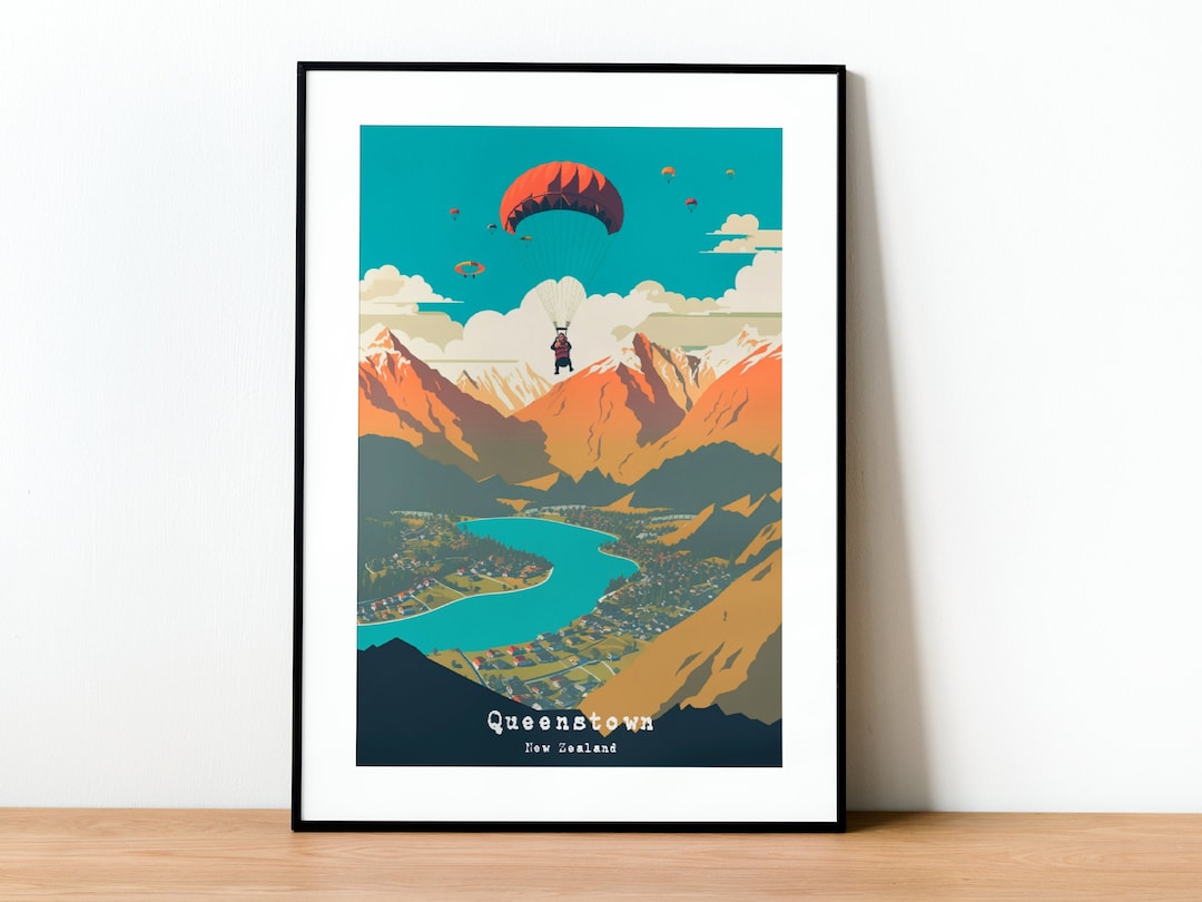 New Zealand Adventure Poster Queenstown Scenery Travel Art Skydiving ...