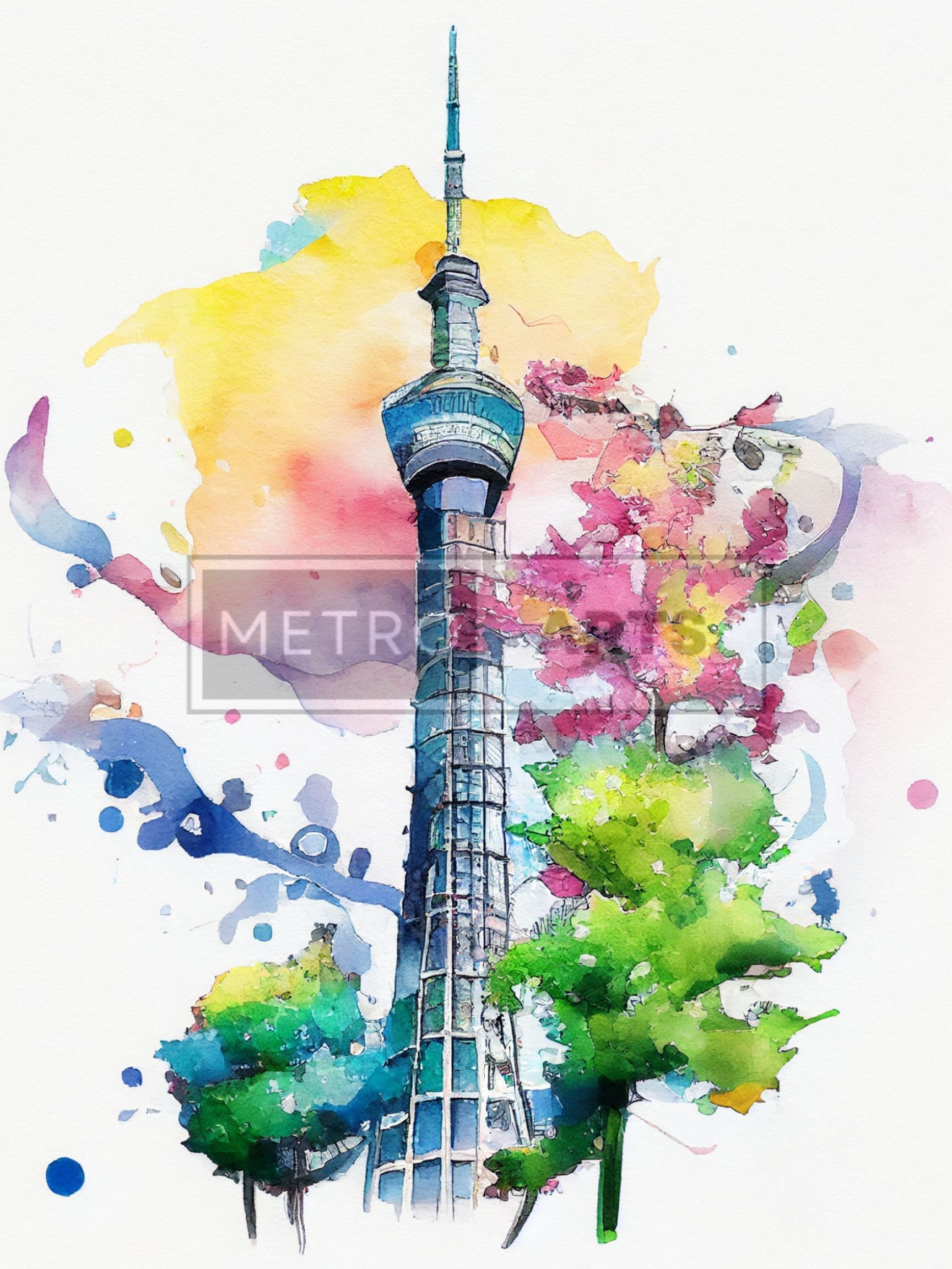 Tokyo's Iconic Skytree in Vibrant Watercolor Landmark Wall Art ...