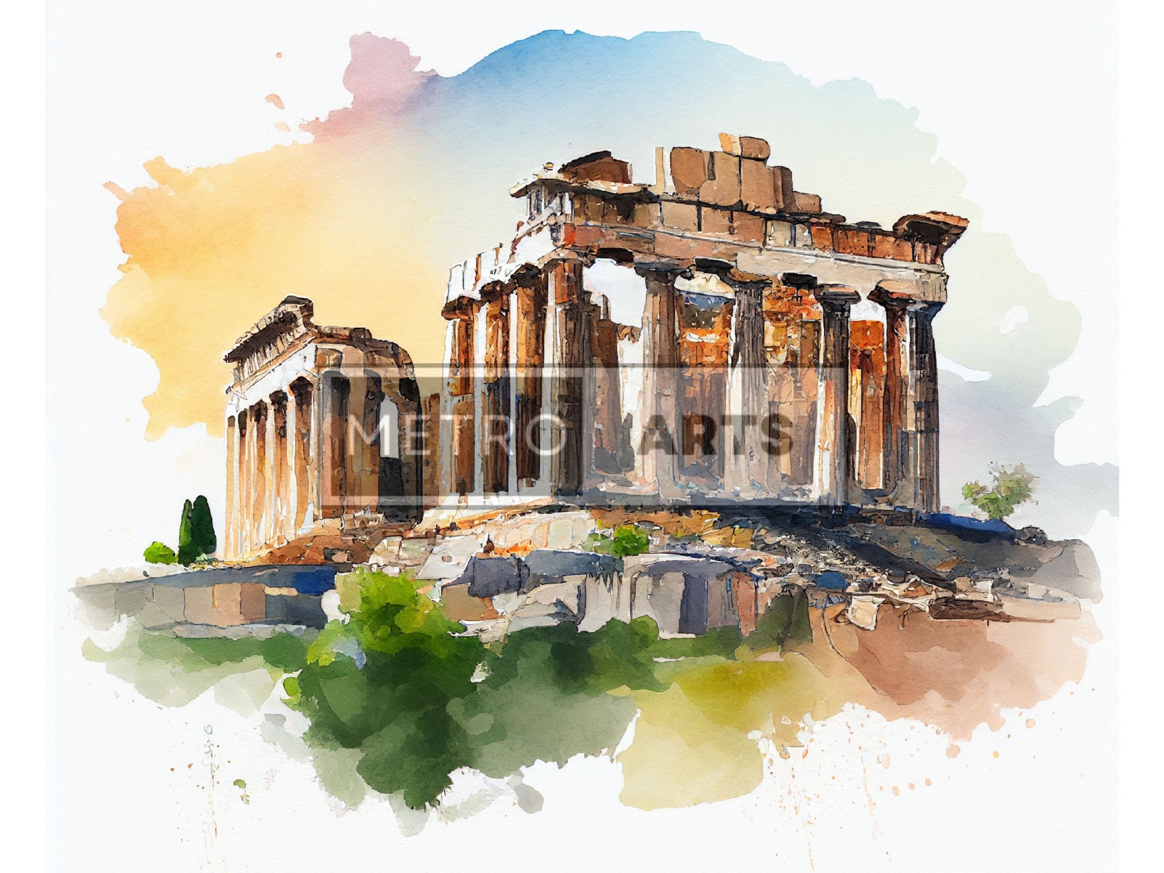 Vibrant Greece Watercolor Print of Parthenon Acropolis Stunning Athens ...