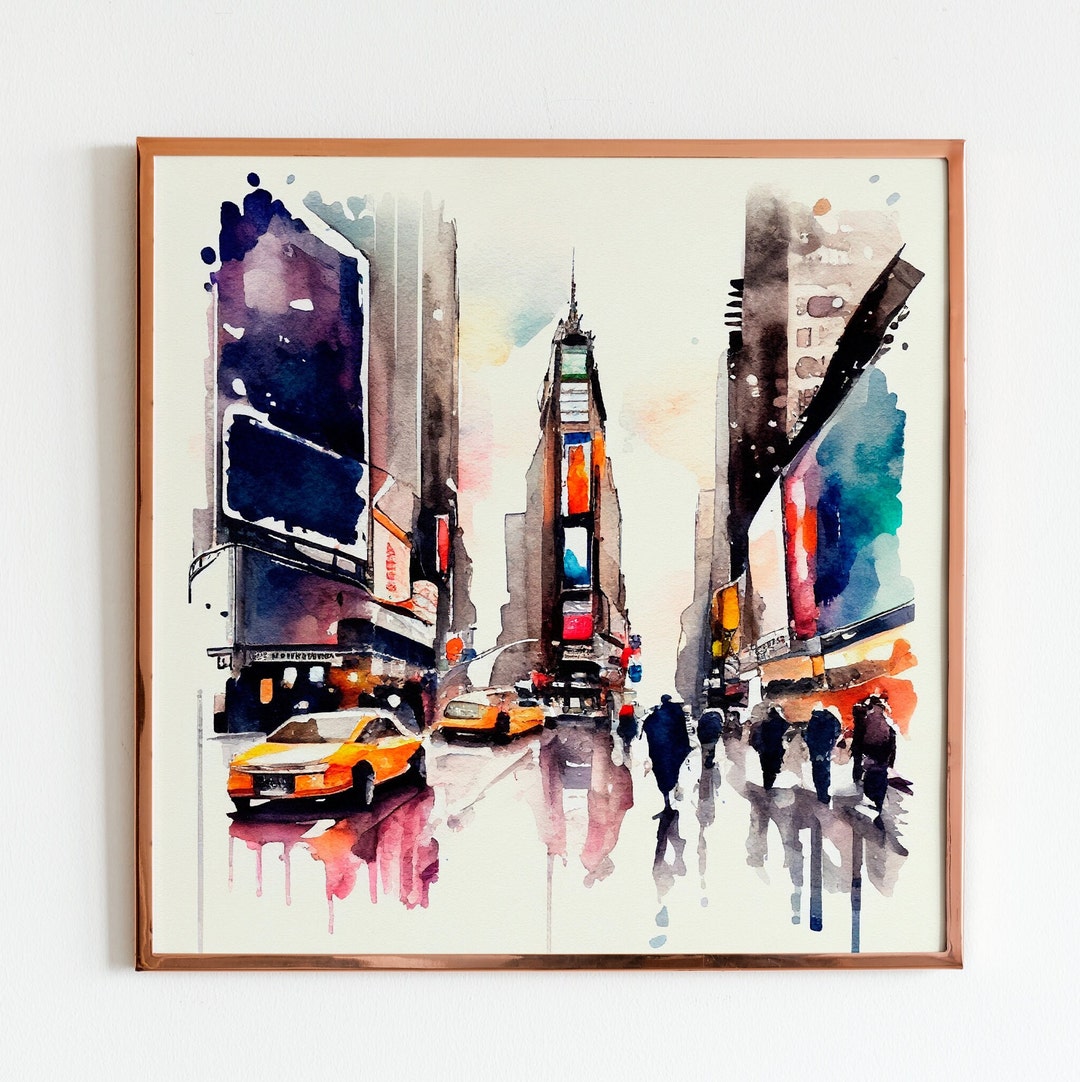 Bustling Times Square Watercolor Paint Vibrant New York City Cityscape ...