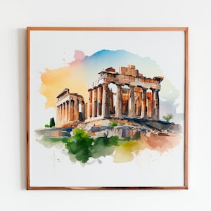 Vibrant Greece Watercolor Print of Parthenon Acropolis Stunning Athens ...