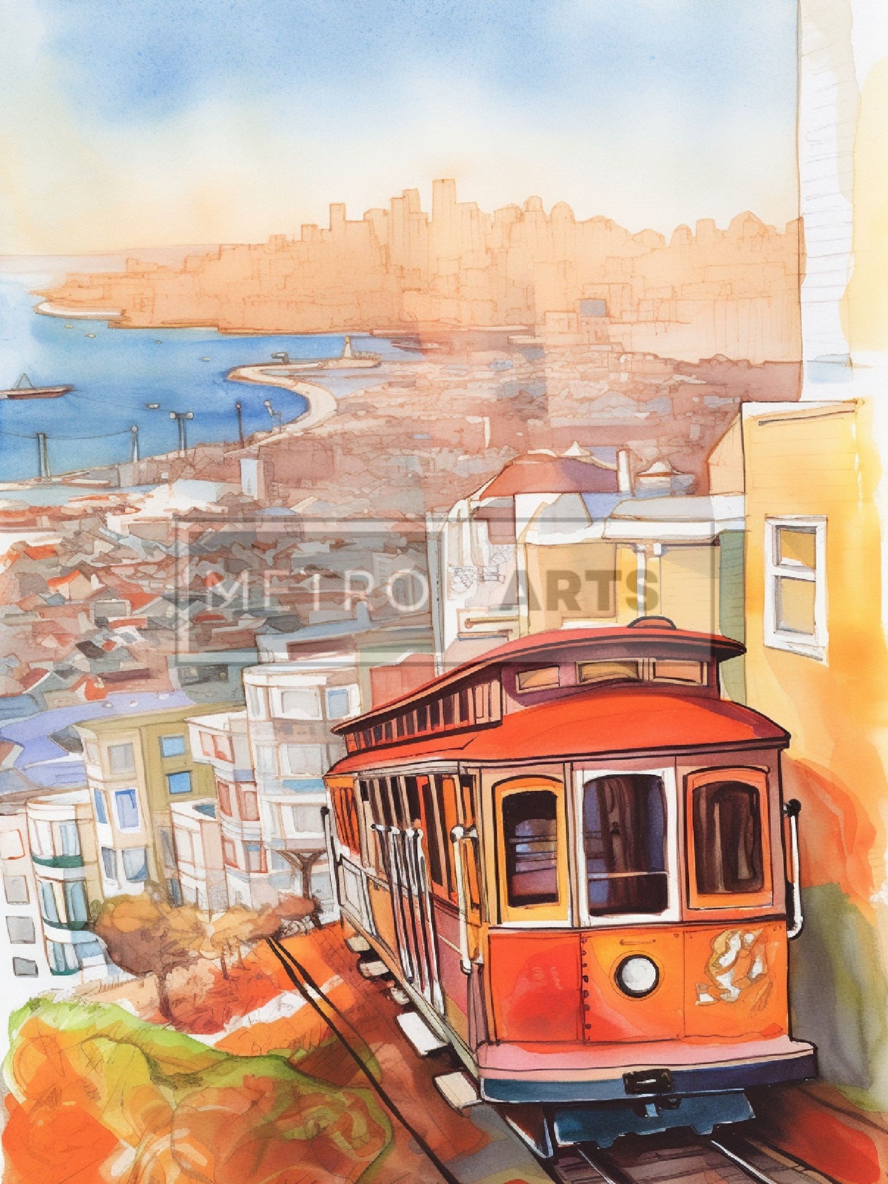 Dreamy San Francisco Cable Car Watercolor Painting SF Cityscape ...