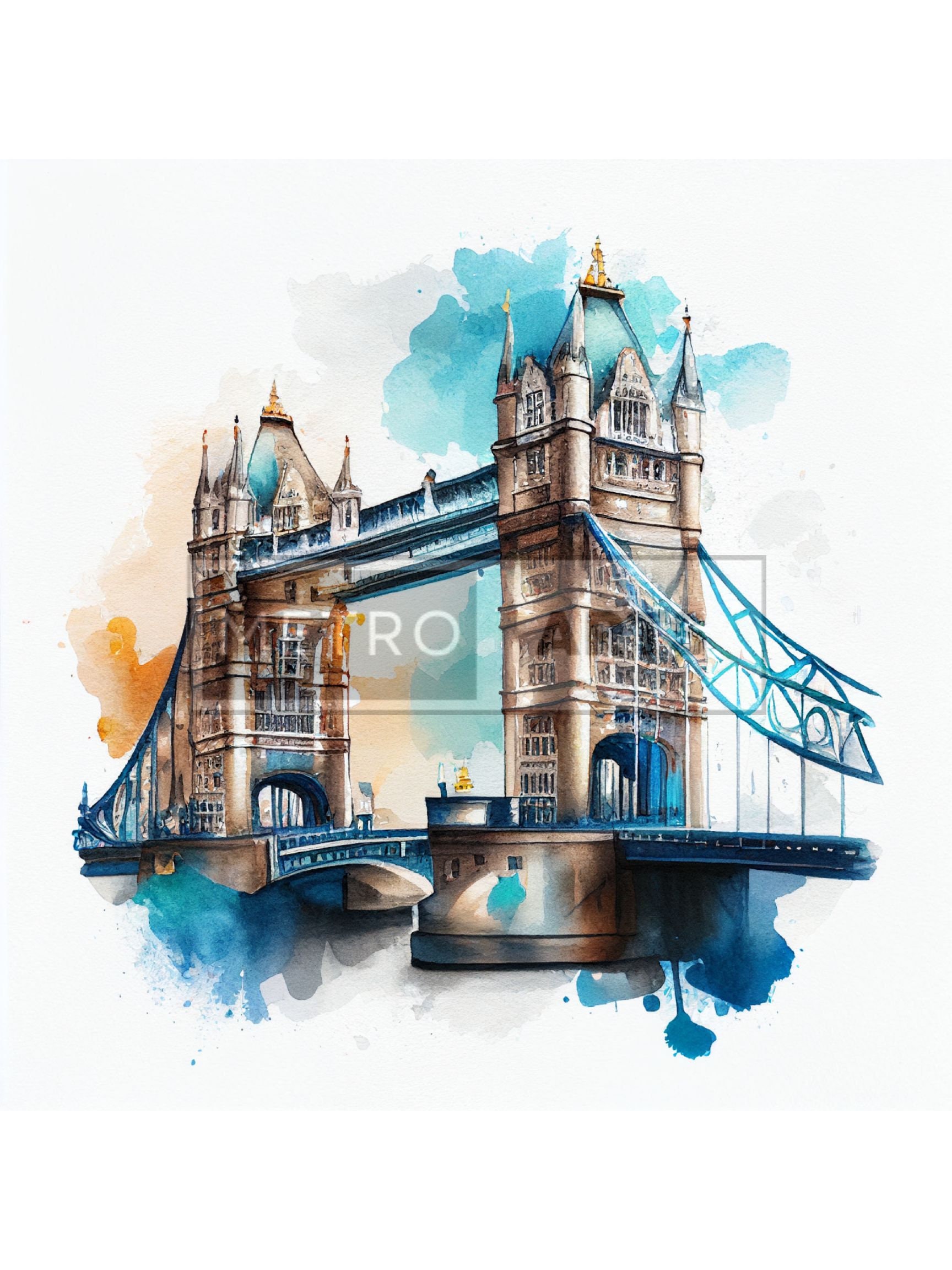 Vintage Tower Bridge Canvas Watercolor Wall Art Print London Cityscape ...
