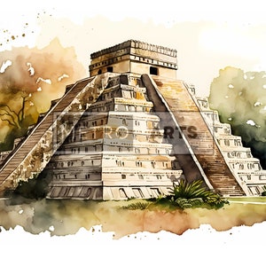 Vibrant Watercolor Poster of Chichen Itza Ancient Mayan Civilization ...