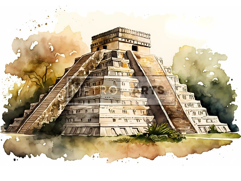 Vibrant Watercolor Poster of Chichen Itza Ancient Mayan Civilization ...