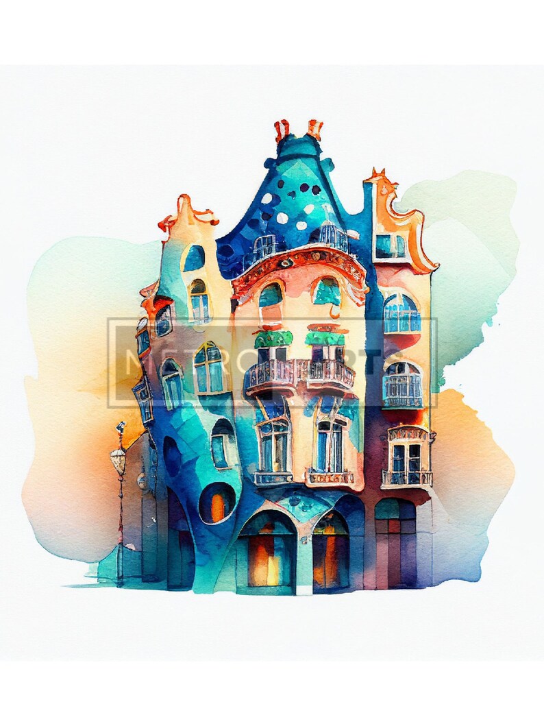 Casa Batllo Barcelona Iconic Tourist Attraction Colorful Watercolor ...