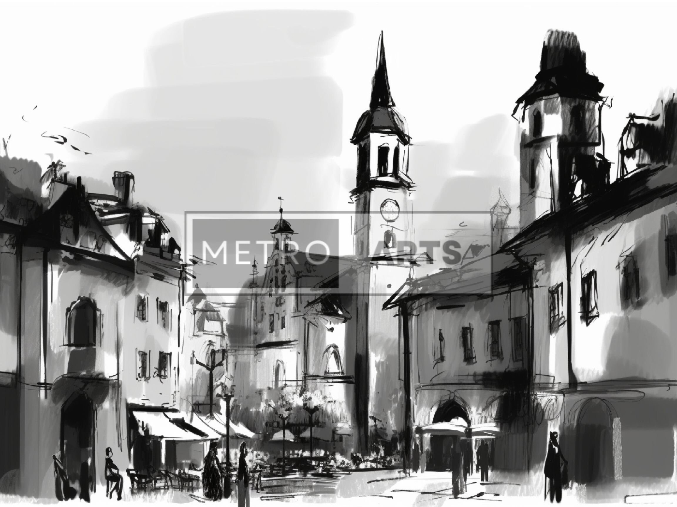 Black and White Sketch of an Old Town Square Nostalgia Cityscape Paints ...