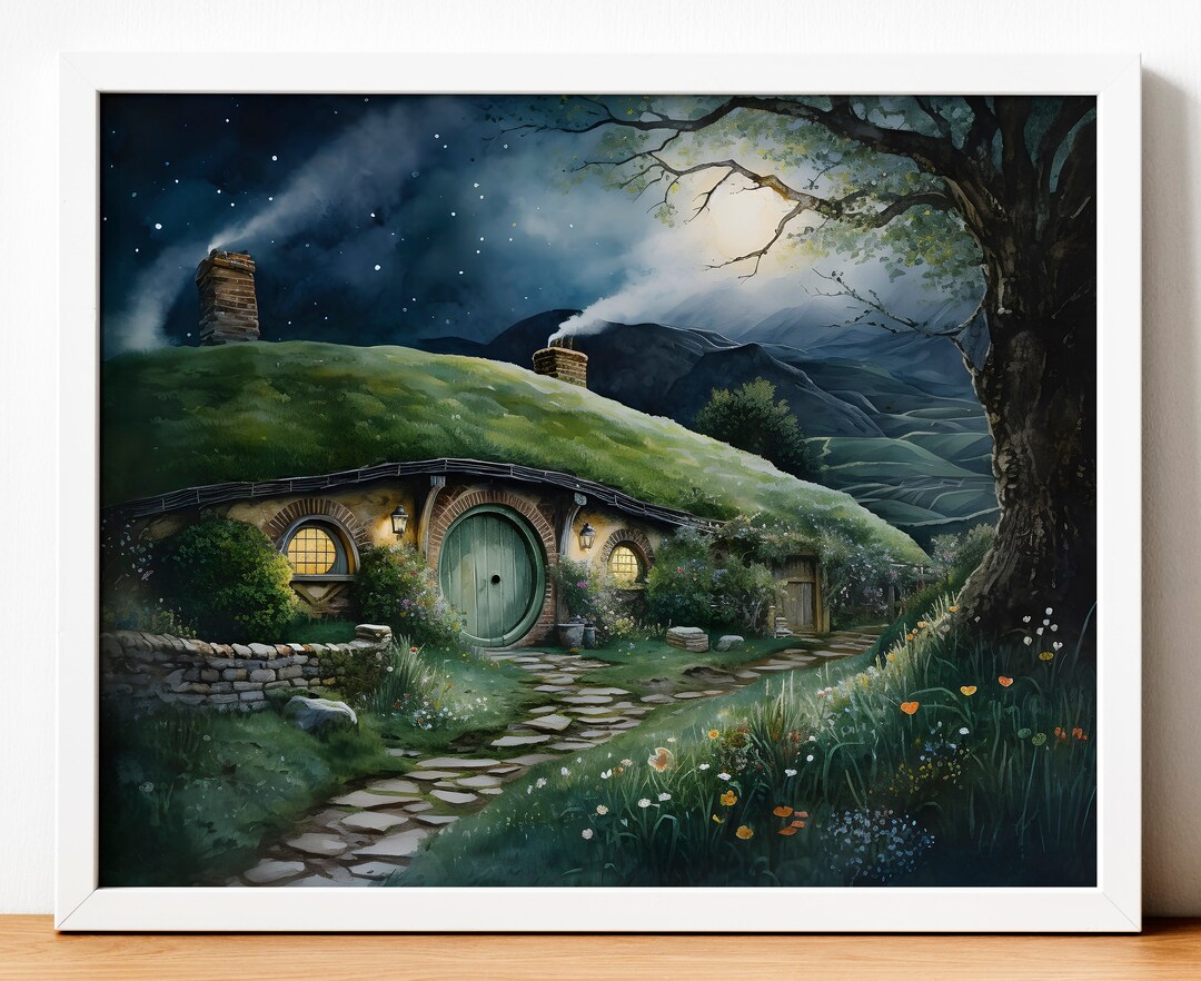 Shire Art Print | Moody Night Painting, Fantasy Art | Printable Wall ...