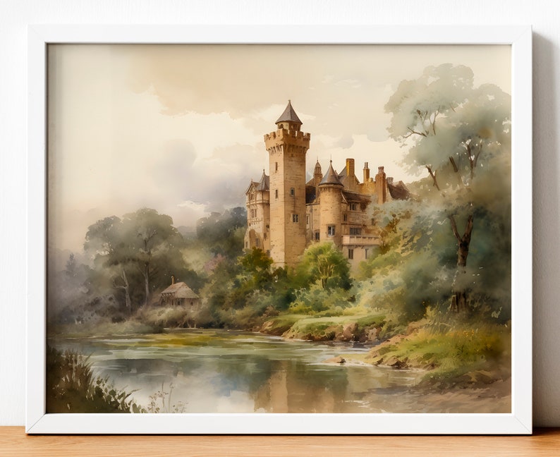Castle by the Lake Art Print, Digital Download Artwork, Citadel by the ...