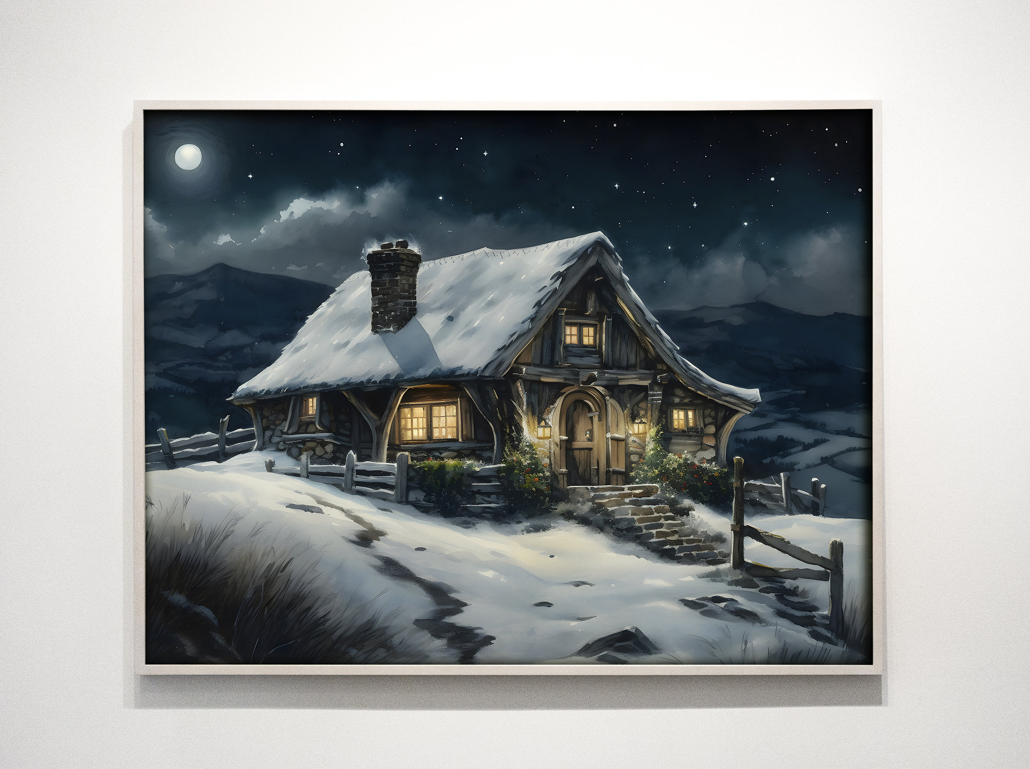 Snowy Cabin Art Print | Rustic Decor Painting | Winter Cabin Printable ...