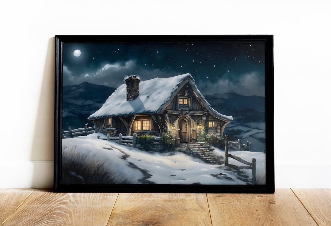 Snowy Cabin Art Print | Rustic Decor Painting | Winter Cabin Printable ...