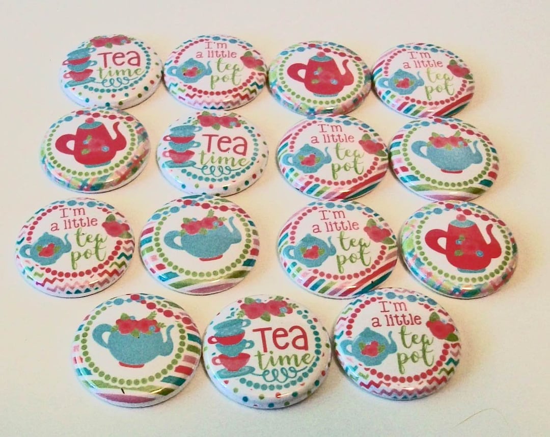 Cute Tea Time Tea Party Set of 15 1 Inch Buttons. Choose Flat Back, Pin ...
