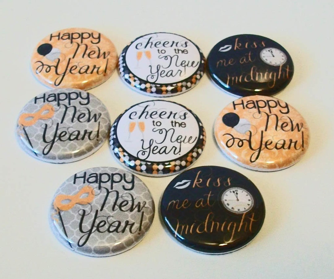 Gold and Silver Happy New Year Set of 8 1 Inch Buttons. Choose Flat ...
