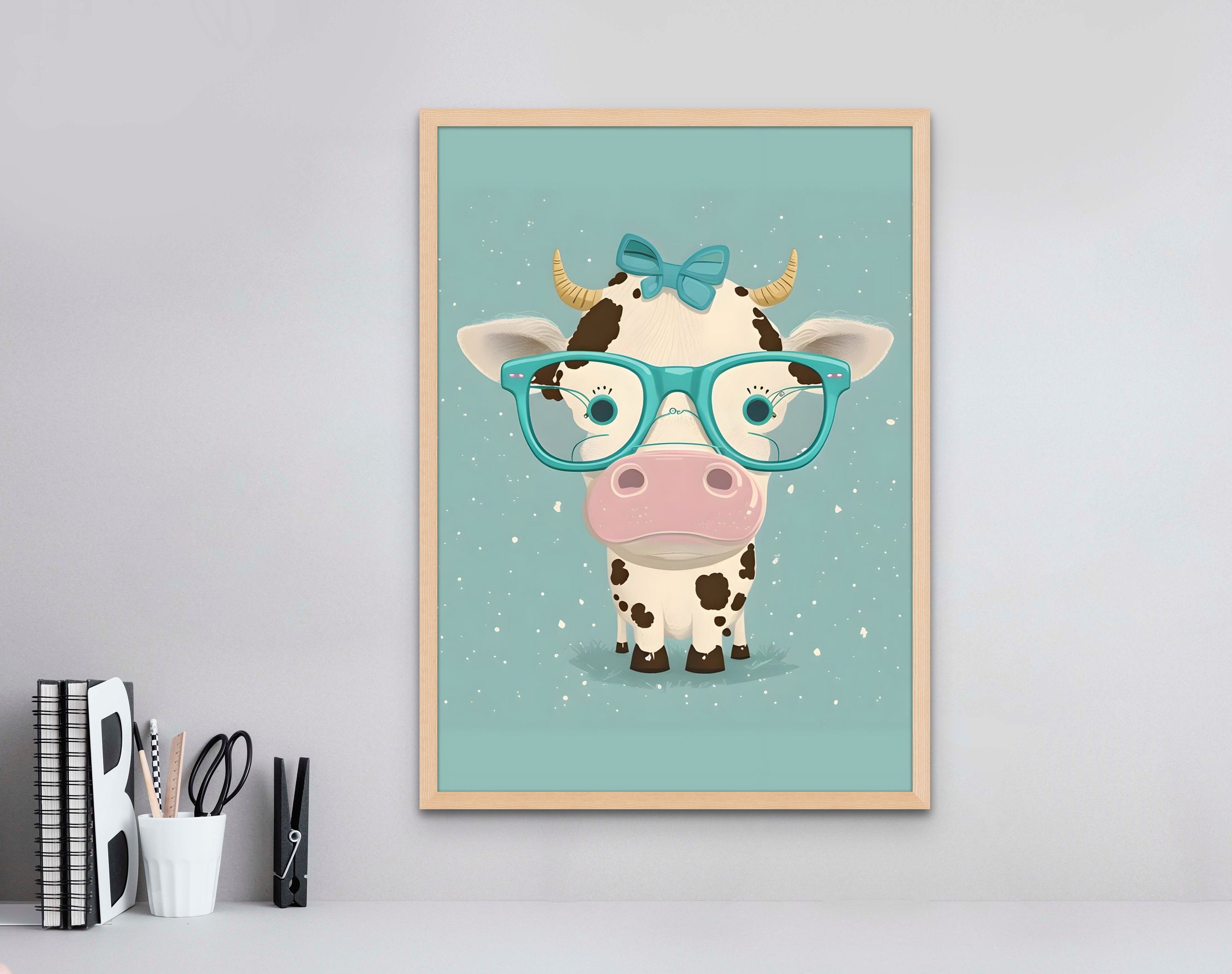Cute Cow With Glasses, Cartoon Cow Print, Cow Wall Art, Printable Wall ...