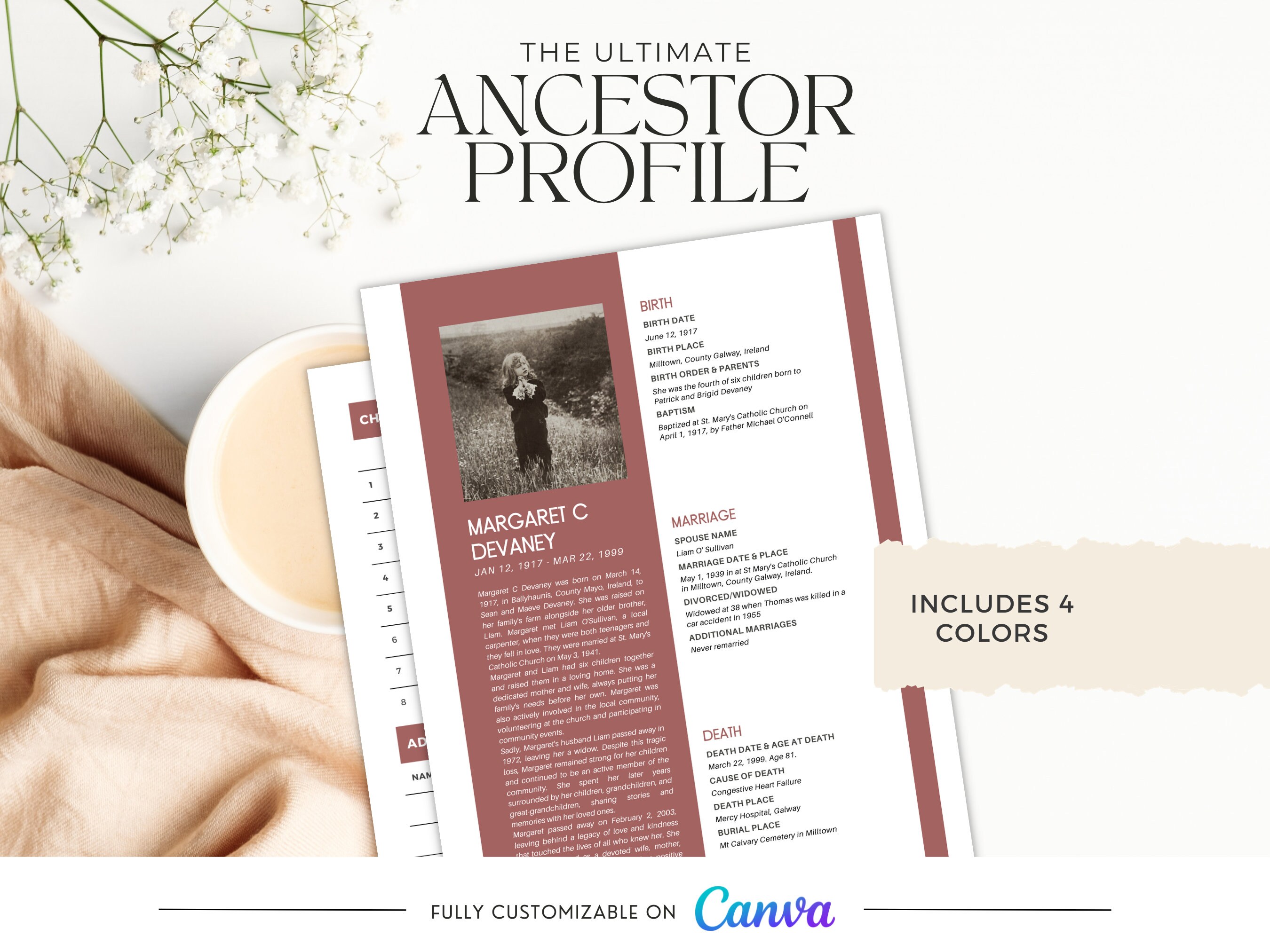 Ancestor Profile Template for Genealogy Research Printable Customizable ...