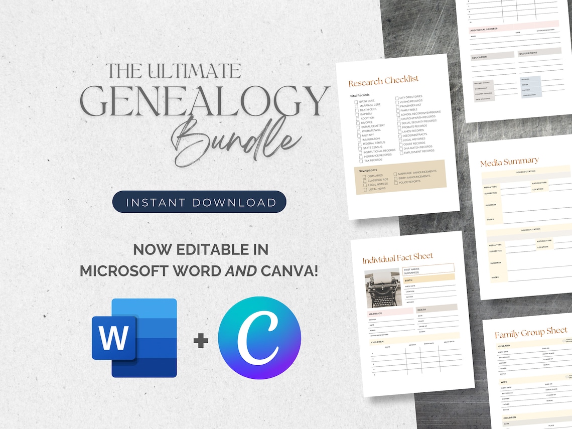 Genealogy Worksheet Bundle Microsoft Word Ancestry Form - Etsy