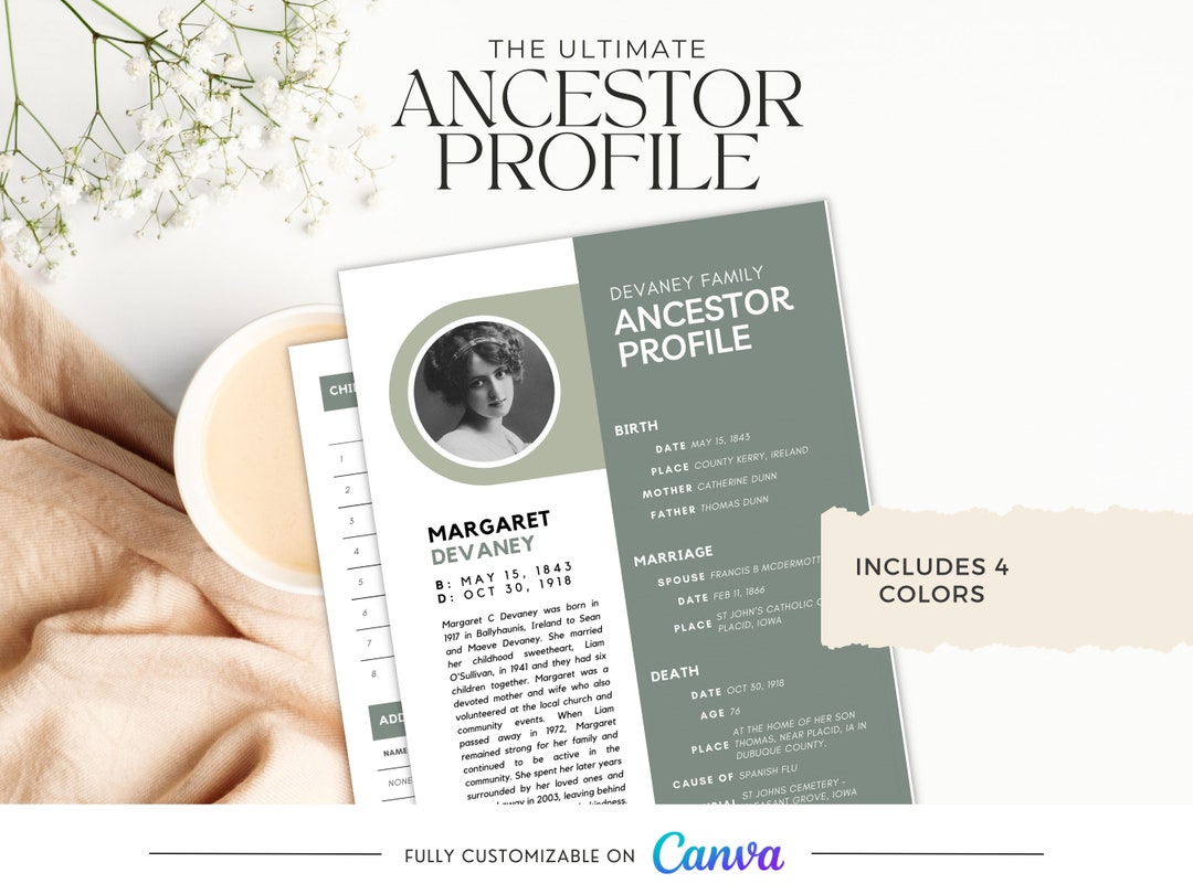 Ancestor Profile Template for Genealogy Research Printable Customizable ...