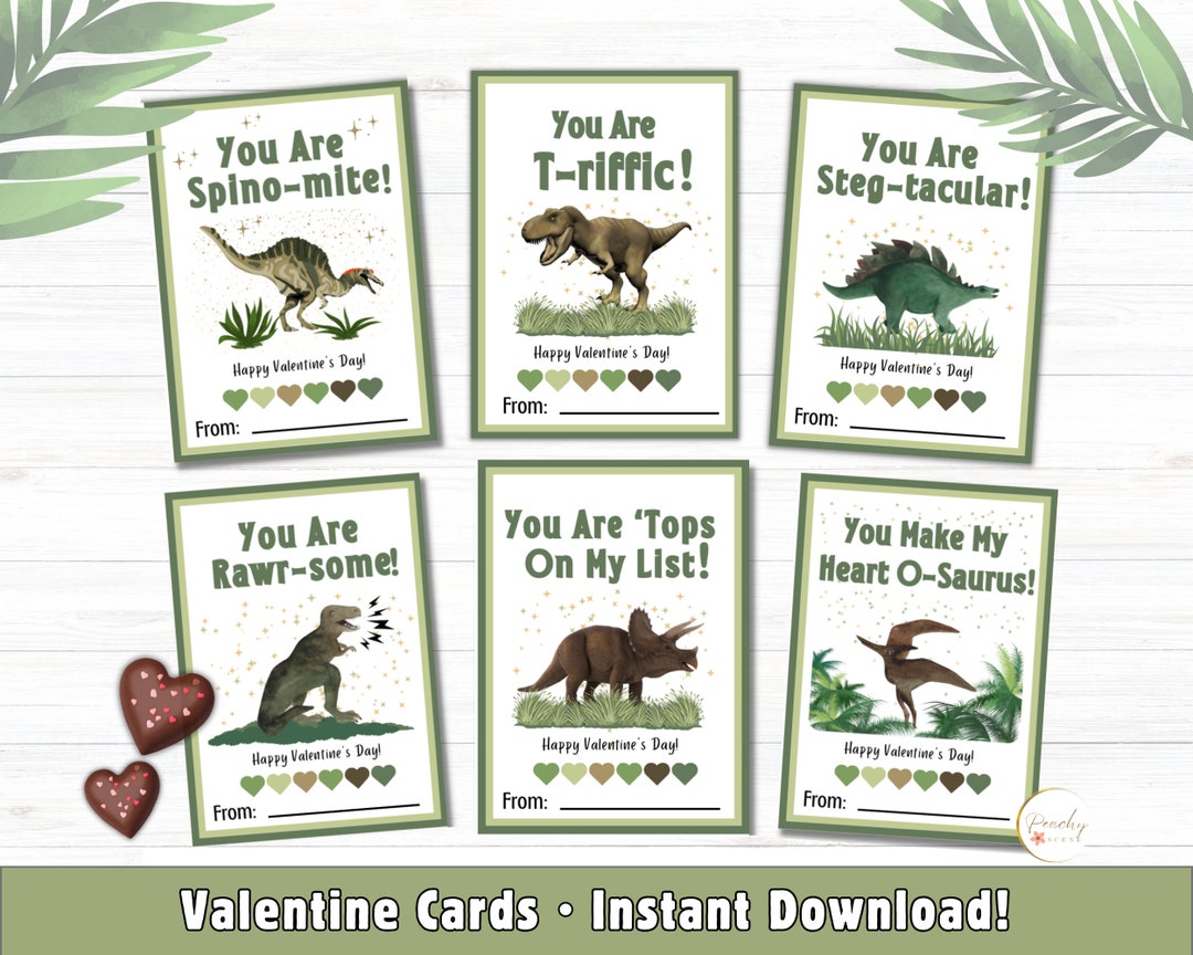 Dinosaur Valentine's Day Cards, Printable Kids Classroom Valentines ...