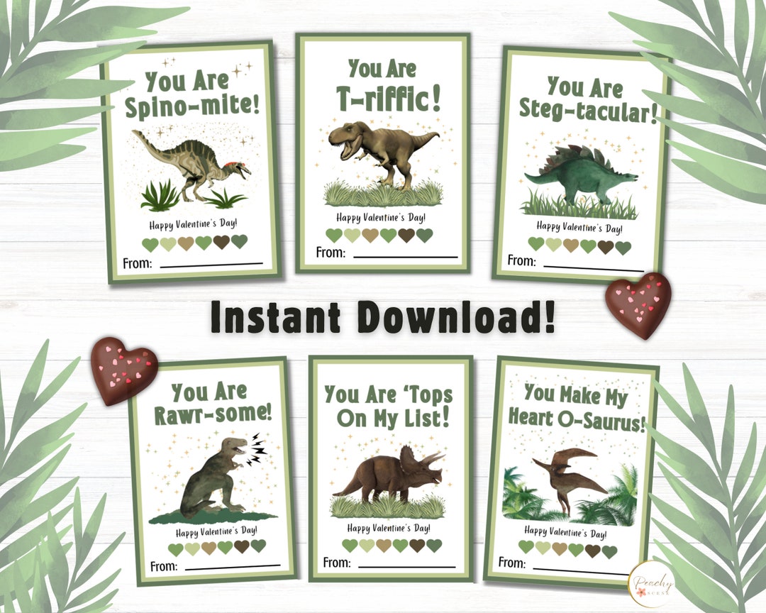 Dinosaur Valentine's Day Cards, Printable Kids Classroom Valentines ...